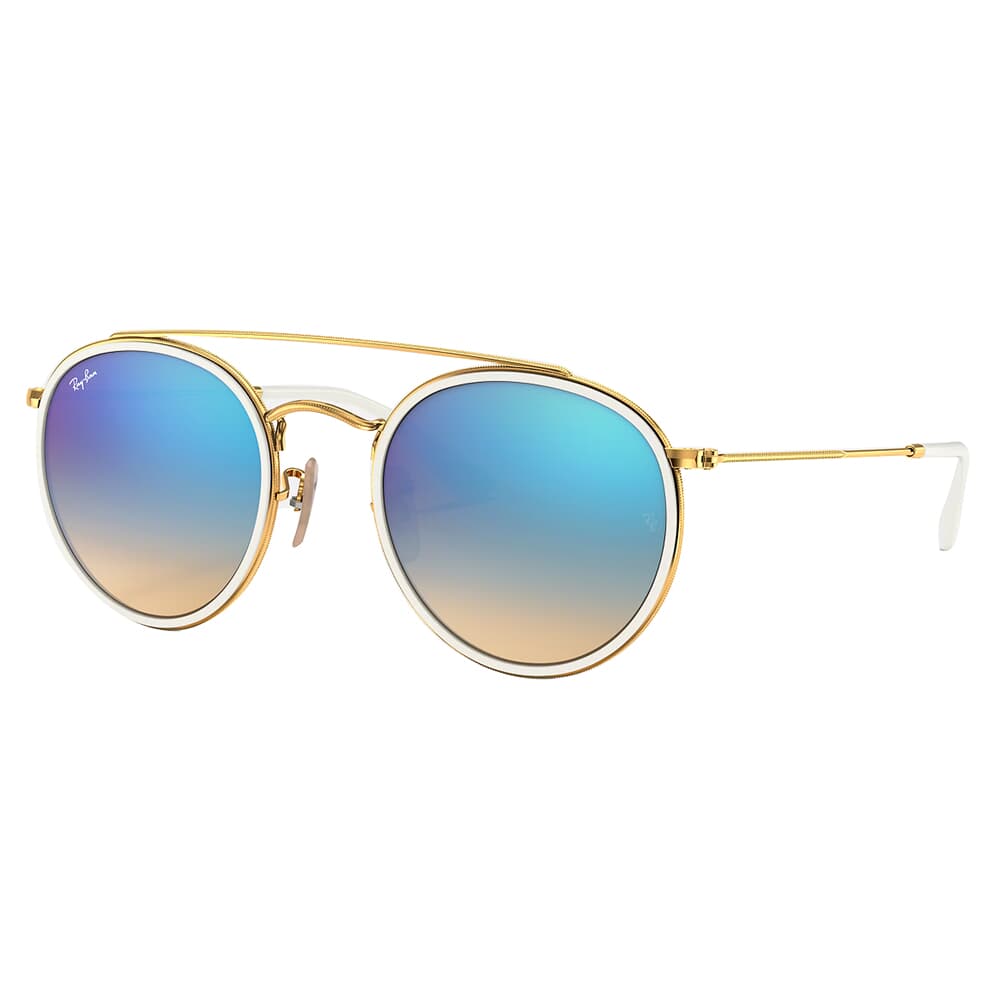 Ray-Ban Round Double Bridge Polished Gold Sunglasses w/Brown & Blue ...