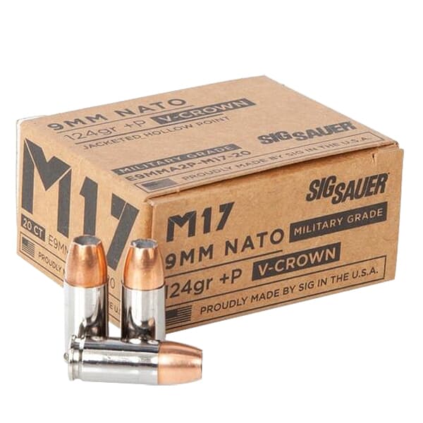 Sig Sauer Ammo 9mm +P 124gr Elite V-Crown M17 JHP 20/Box E9MMA2P-M17-20 For Sale - EuroOptic